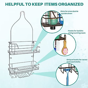 KeFanta Shower Caddy over Shower Head, Silver Hanging Shower Organizer, Shower Storage Rack with Hooks for Razor, Bathroom Shampoo Holder