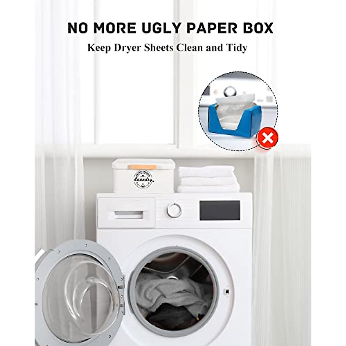 Dryer Sheet Holder with Hinged Lid for Laundry Room Organization. Metal Dryer Sheet Dispenser Container, Farmhouse Laundry Room Decor and Accessories for Dryer Sheets Holder, Cream