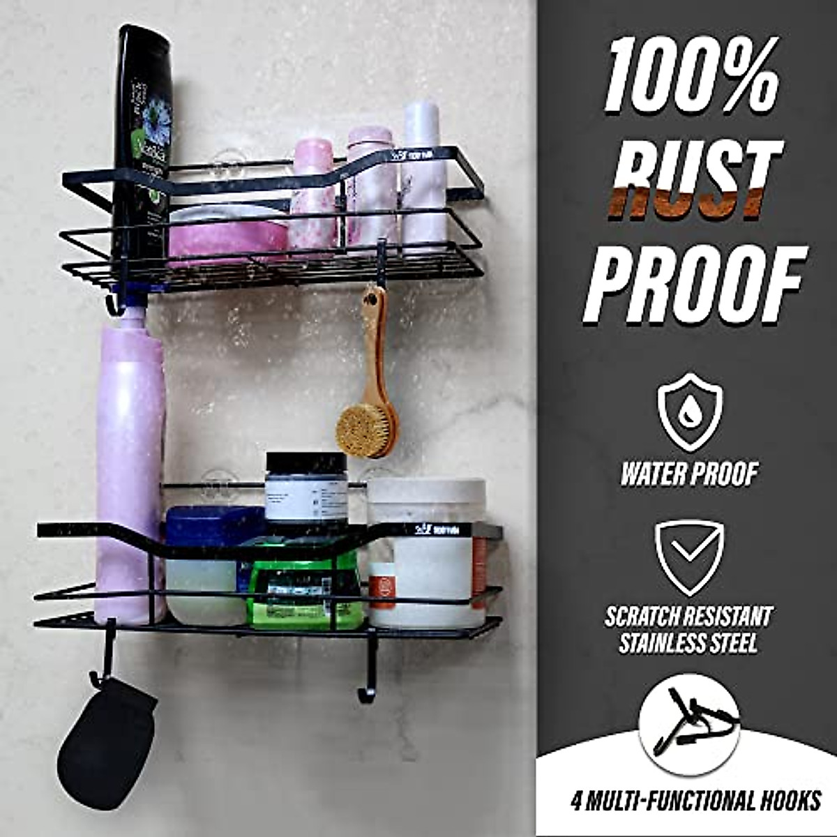 TRENDY PANDA Adhesive Shower Caddy with 4 Hooks Shower Organizer Rustproof and Stainless Steel Material, No Drilling Shower Shelf 2 Pack in Metal Black.
