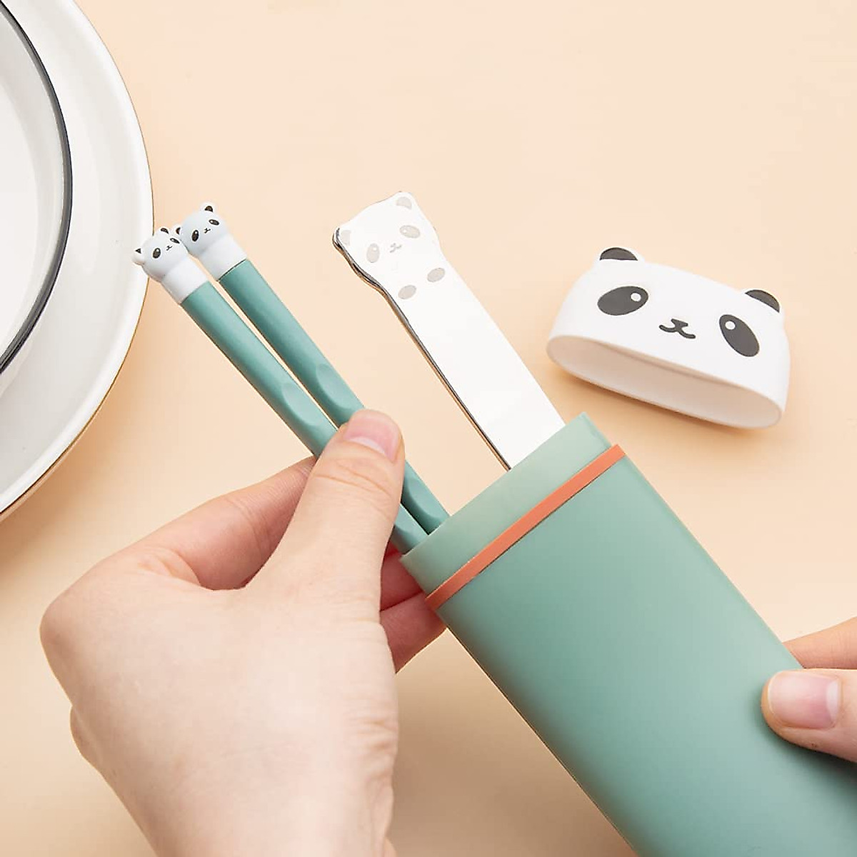 JinZu Portable Chopsticks Flatware Set, Silicone Lightweight Chopstick and Stainless Steel Spoon with Case, Reusable Portable Utensil for Camping,Traveling (Green)