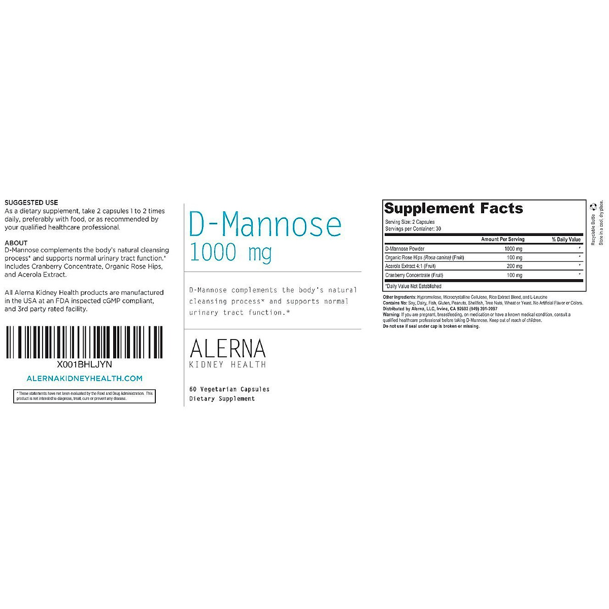 D-Mannose 1000 mg - Urinary Tract Health - with Cranberry Concentrate, Organic Rose HIPS, Acerola Extract - 60 Vegetarian Capsules (Pack of 3)