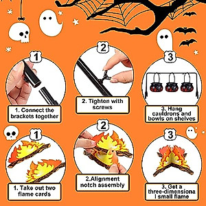 Uiifan 7 Pcs Halloween Cauldron Serving Bowls Halloween Candy Bowls on Rack Candy Bucket Cauldron with 3D Fake Cardboard Campfire Centerpiece Halloween Party Decoration for Indoor Outdoor Home