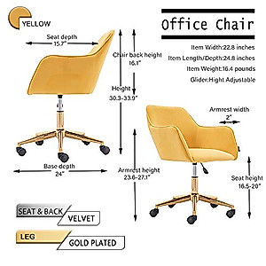 Modern Office Chair Velvet Material Yellow Dressing Chair Adjustable Height Living Room Swivel Chair 360° Medieval Table Chair with Wheels W521 24.8Dx22.8Wx33.9H''