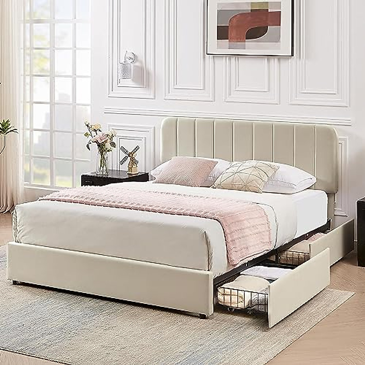 VECELO Full Size Upholstered Bed Frame with 4 Drawers and Adjustable Headboard, Velvet Platform Storage Bedframe Mattress Foundation, Wooden Slats Support, No Box Spring Needed, Beige