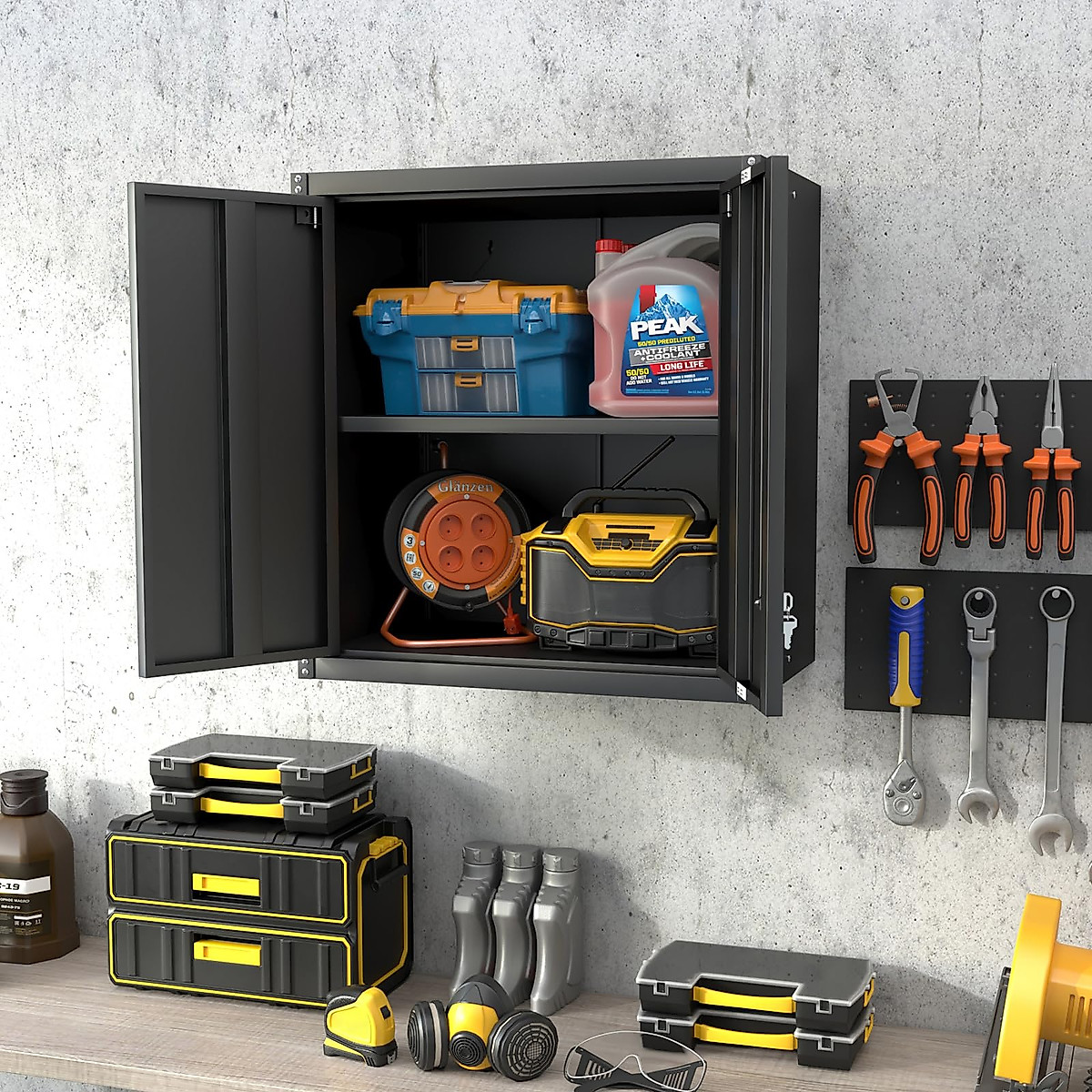 GREATMEET Metal Wall Storage Cabinet with Locking Doors,Wall Mounted Garage Storage Cabinets with 1 Adjustable Shelf and 2 Doors,Steel Cabinet for Garage Office and Home,Black