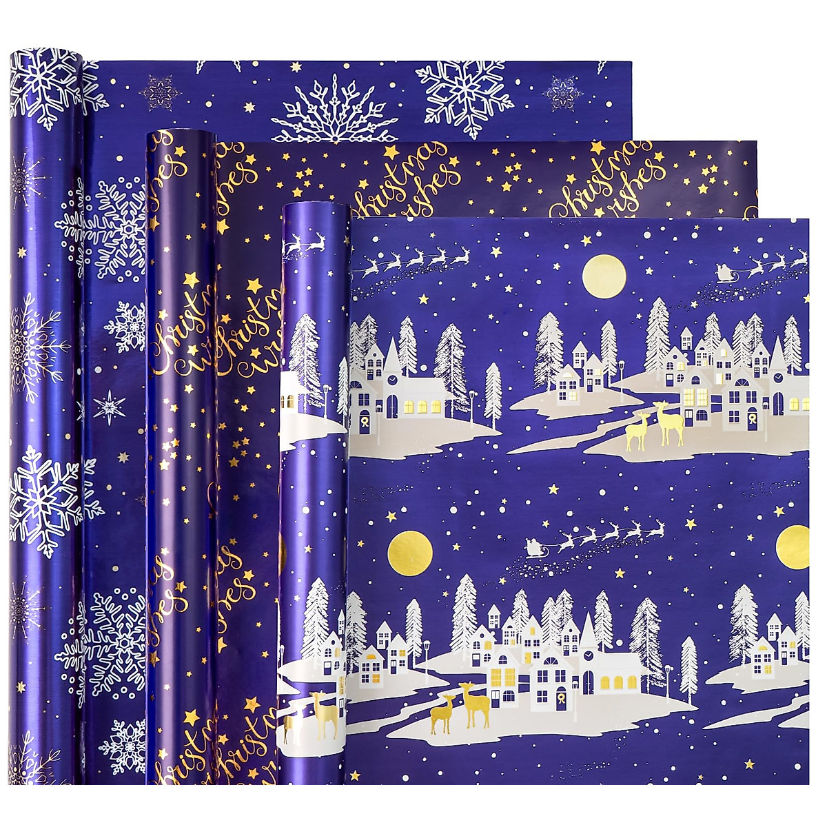 WRAPAHOLIC Christmas Wrapping Paper Roll - Mini Roll - 3 Rolls - 17 Inch x 120 Inch Per Roll - Dark Blue House, Reindeer, Snowflake Holiday Collection with Metallic Foil Shine