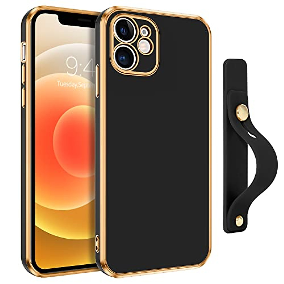 BENTOBEN Compatible with iPhone 12 Case, Slim Luxury Electroplated Bumper Women Men Girl Protective Soft Case Cover with Strap for iPhone 12 6.1 inch,Black/Gold