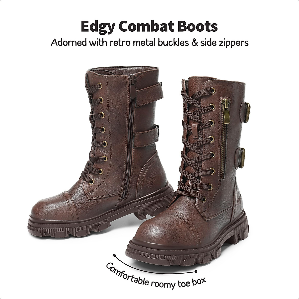 DREAM PAIRS Girls Combat Boots Side Zipper Ankle Booties SDBO2306K Size 6 Big Kid Brown