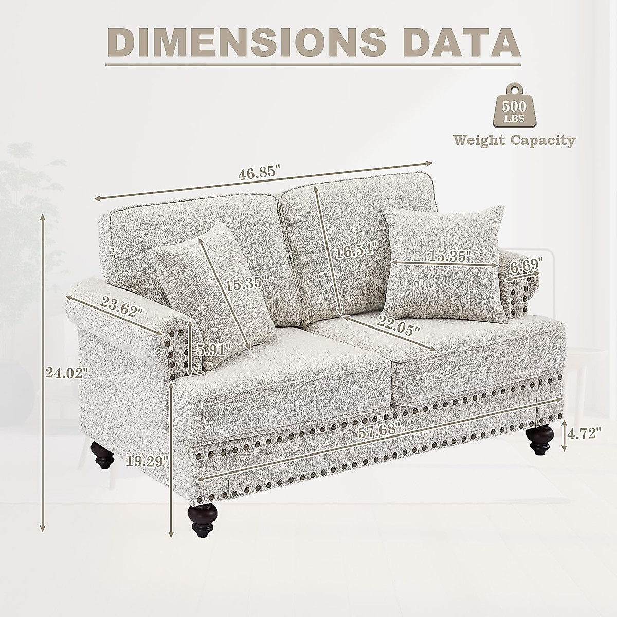 JEEOHEY 57" W Comfy Love Seat Sofa Couch,Chenille Fabric 2 Seater Sofa,Mid Century Modern Sofa,Deep Seat Sofa with Rolled Arms & Nailhead Trim for Living Room,Office,Apartment,Small Place(White)