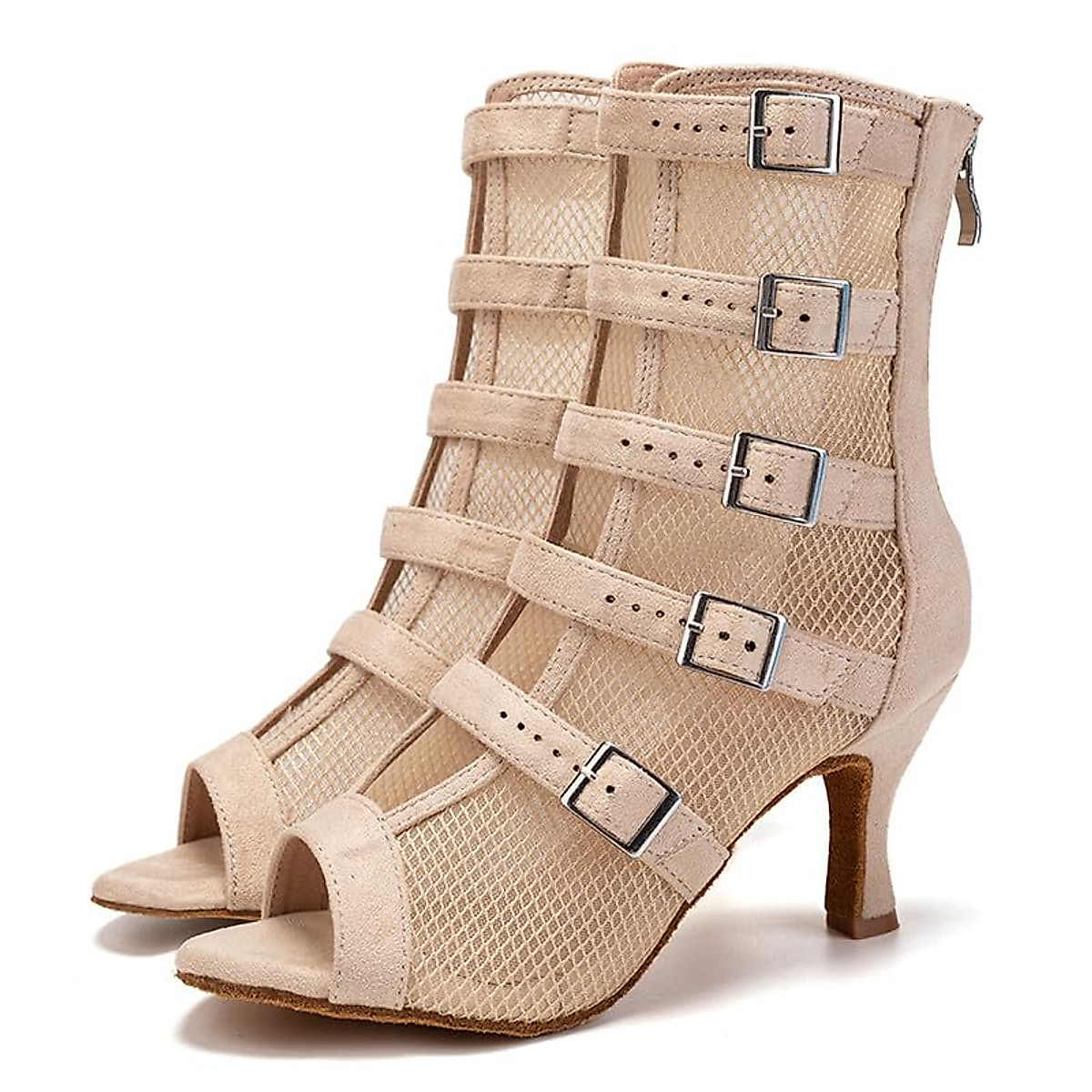 AOQUNFS Women Ballroom Dance Shoes Peep Toe Latin Salsa Preformance Practice Party Dance Boots,Y006,Beige-6.5, US 6