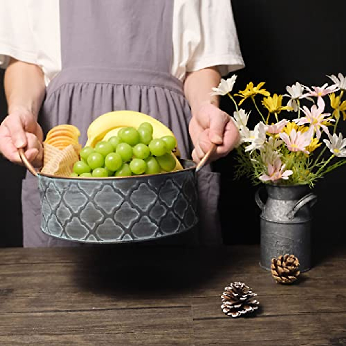 Farmway Decorative Galvanized Metal Round Serving Tray with Handles, Indoor and Outdoor Rustic Farmhouse Decor Food Serving Tray - Grey Green - 12.6”L × 9.8”W × 5.3”H