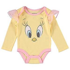LOONEY TUNES Infant Baby Girls' One Piece Bodysuit with Pull on Pants and Attached Tutu Skirt (Yellow/Pink, 18 Months)