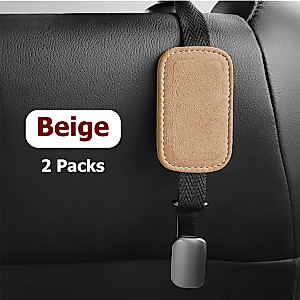 AUCELI Car Seat Headrest Suede Hook, 2 Pack Auto Seat Back Hooks, Suede Storage Organizer with Metal Hanger, Vehicle Backseat Hangers, Creative Interior Accessories for Hanging Grocery Purse (Camel)