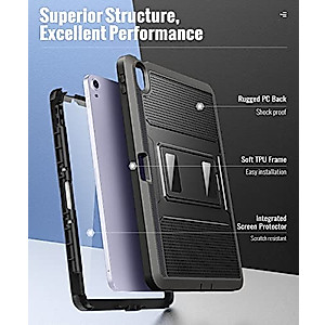 MoKo Case for iPad Air 5th Generation 2022/ iPad Air 4th Generation 2020 10.9 Inch with Pencil Holder, Kickstand, Built-in Screen Protector, Heavy Duty Shockproof Rugged Case for iPad Air 5/4,Black