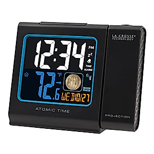 La Crosse Technology 616-146A 5-Inch Color Atomic Projection Alarm Clock with Moon Phase, Black, 5.23"L x 1.96"W x 4.33"H