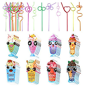 32pcs Valentines Day Straws for Kids, Valentine's Day Crazy Twisty Straws with Cards Reusable Drinking Colorful Straws Valentine Exchange Gifts Prizes for Boys Girls Classroom School Party Favors