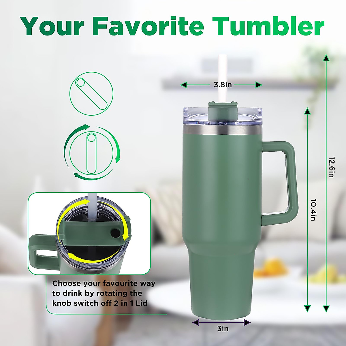 LITHOS Store Premium 40 Oz Stainless Steel Tumbler - Handle & Straw, Insulated Travel Mugs- Hot and Cold Beverages - Includes Bonus Cleaning Brush & Silicone Straw Cover Cap Sky Blue - Ideal Gift