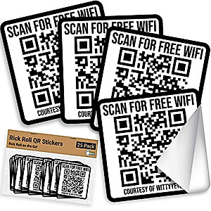 Ad-Free, Realistic 2x2IN Fake WiFi Rick Roll QR Code Stickers 25 Pack. Best Bulk Practical Joke Novelty Set for April Fools. Trick Friends and Family with Hilarious Vinyl Decal Meme Prank