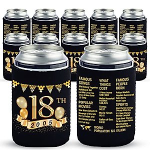 Tartness 18th Birthday Can Cooler Sleeves Pack of 12-18th Anniversary Decorations- 2005 Decorate Sign - 18th Birthday Party Supplies - Black and Gold the eighteenth Birthday Cup Coolers