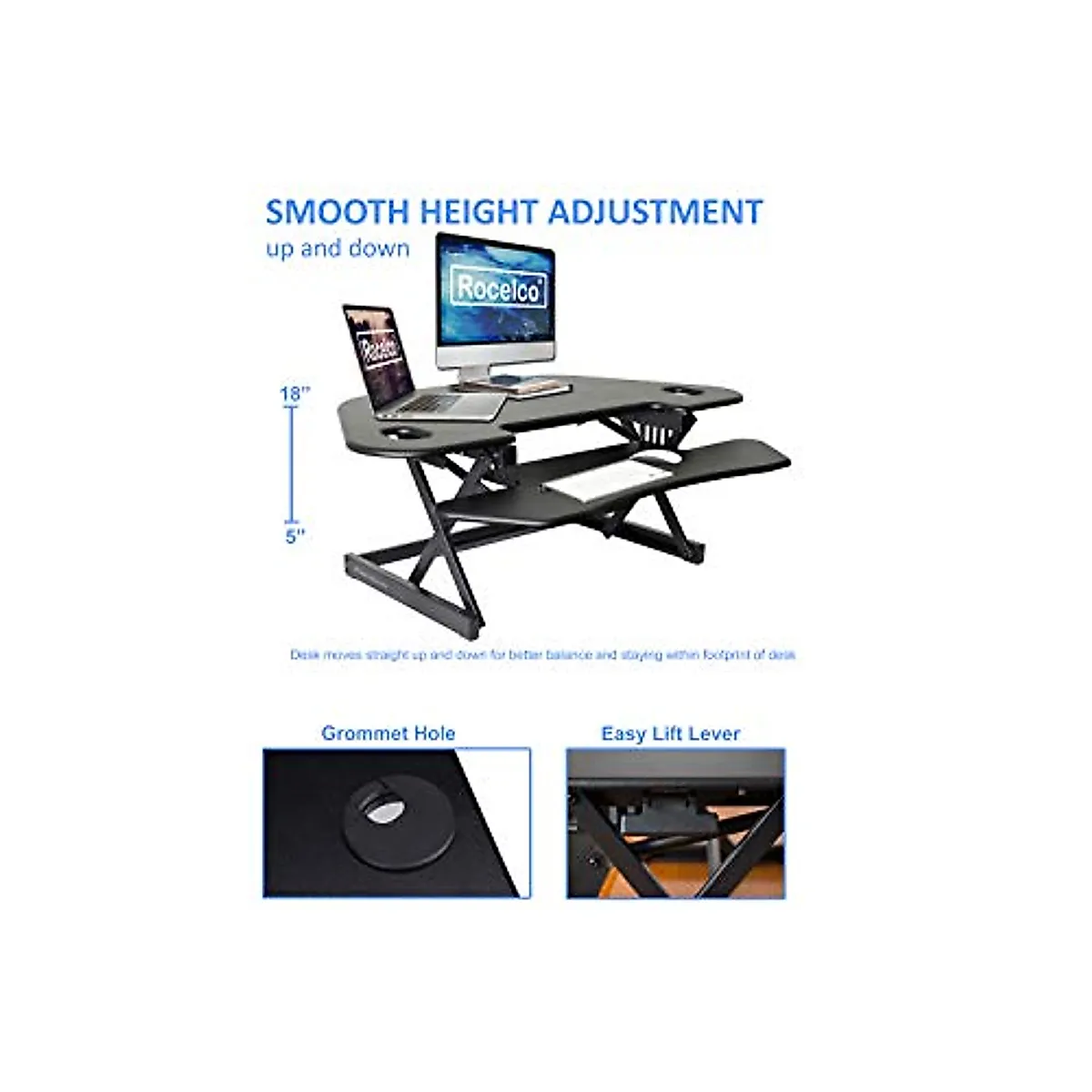 Rocelco 46" Height Adjustable Corner Standing Desk Converter, Quick Sit Standup Dual Monitor Riser, Gas Spring Assist Tabletop Computer Workstation, Large Keyboard Tray, (R CADRB-46), Black