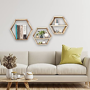 IZB HOME Hexagon Shelves Honeycomb Shelves - Hexagon Floating Shelves Set of 3 Hexagon Shelf, 3 Movable Mid Plates Included - Natural Wood Color