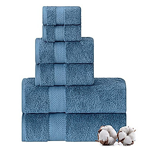 TEXTILOM 100% Turkish Cotton 6 Pcs Bath Towel Set, Luxury Bath Towels for Bathroom, Soft & Absorbent Bathroom Towels Set (2 Bath Towels, 2 Hand Towels, 2 Washcloths)- Mid Blue