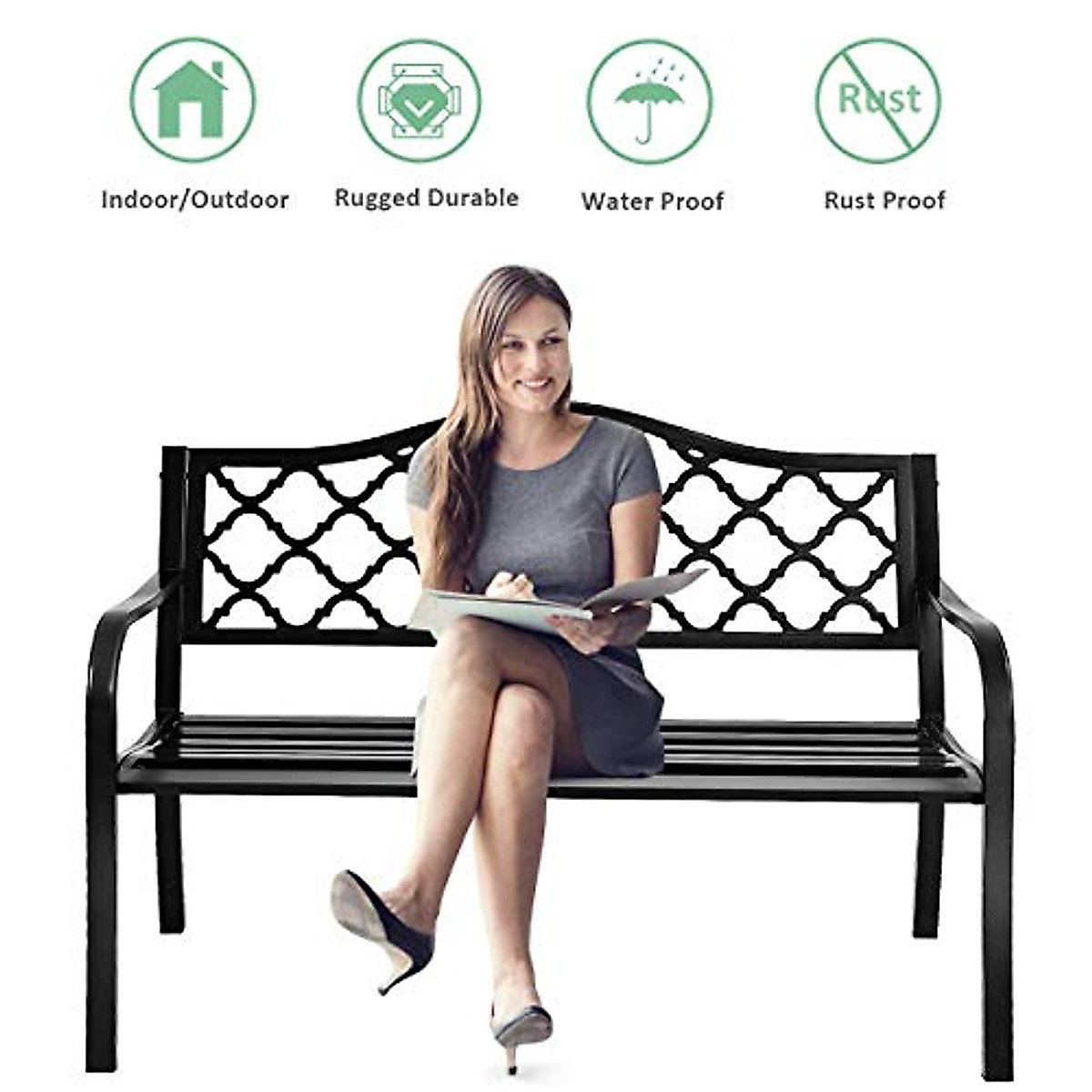 Giantex 50" Patio Garden Bench Loveseats Park Yard Furniture Decor Cast Iron Frame Black (Black Style 1)