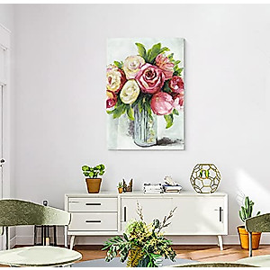 Yuegit Flower Pictures for Living Room Wall Decoration, Pink Floral Canvas Paintings Wall Art Green Plant Botanical Wall Art Framed for Bedroom Wall Decor Ready to Hang 24X36 Inch