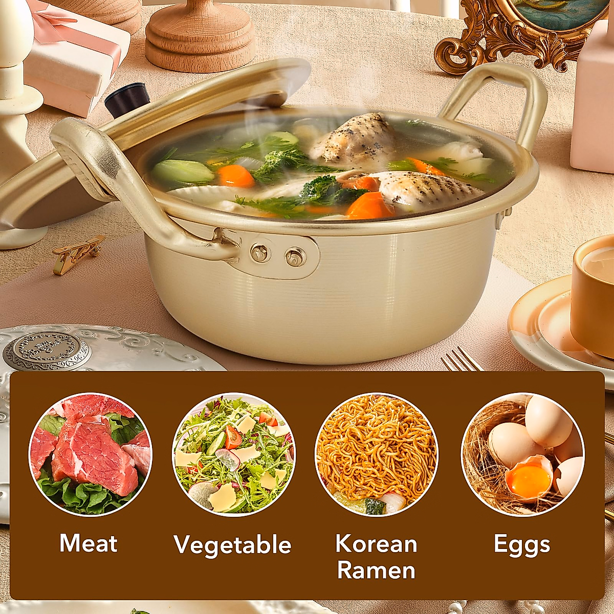 SSHAN Korean Ramen Pot with Lid - Light Weight Ramen Cooker Pot, Korean Cookware Noodle Pot Fast Heating for Kitchen Cookware, Easy Light Stockpot Soup Pot, Healthy, Sturdy, & Dishwasher Safe (16cm)