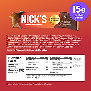 Nick's Protein Bars Chocolate Caramel | 15g protein | 190 calories | Low Carb Keto Friendly Snacks No Added Sugar (Multipack 12 bars x 50g)
