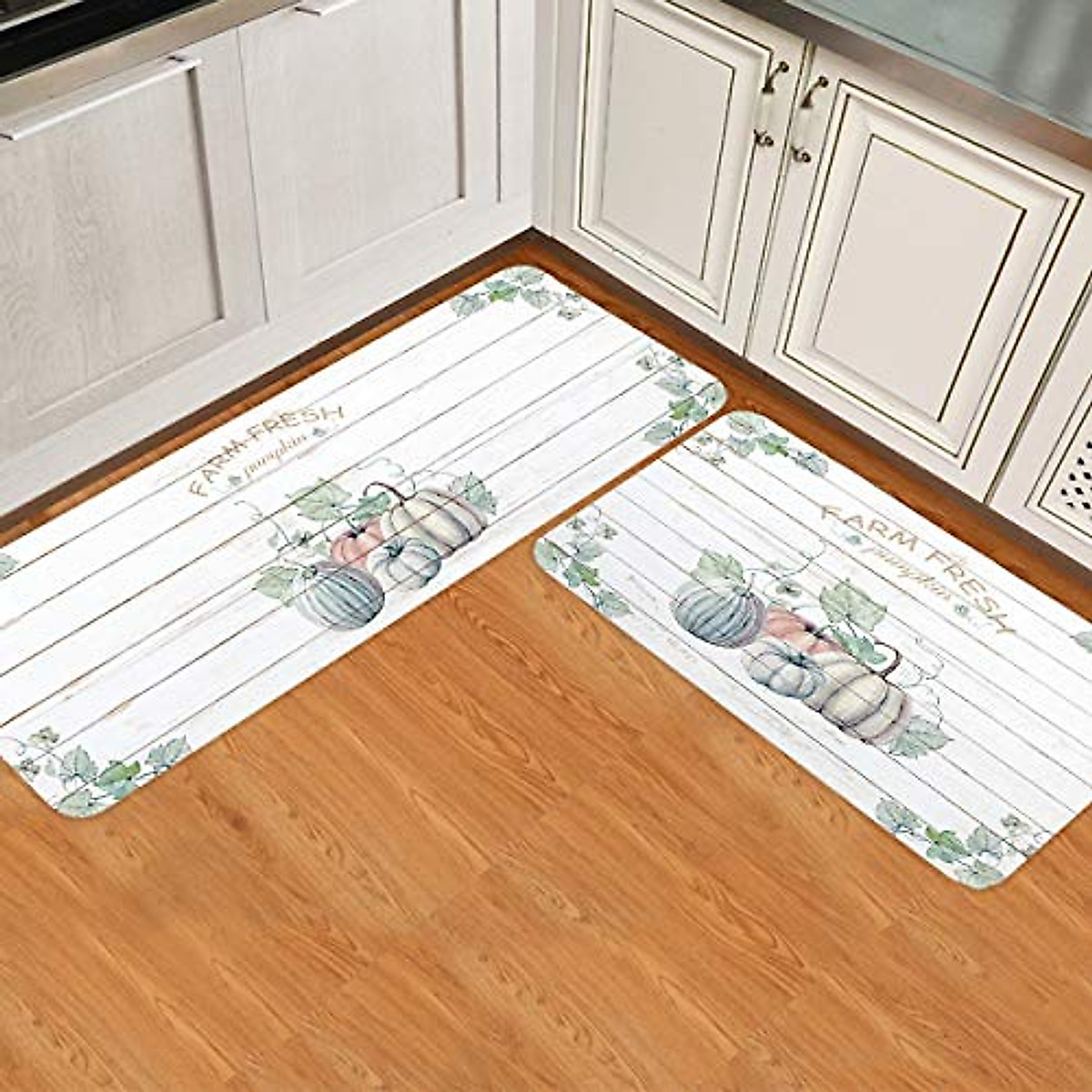 SUN-Shine Thanksgiving Pumpkin Fall Season Kitchen Rug Set 2 Pieces Cushioned Kitchen Floor Mats Comfort Soft Standing Doormat, Non Slip Rugs and Runner White Wood Board
