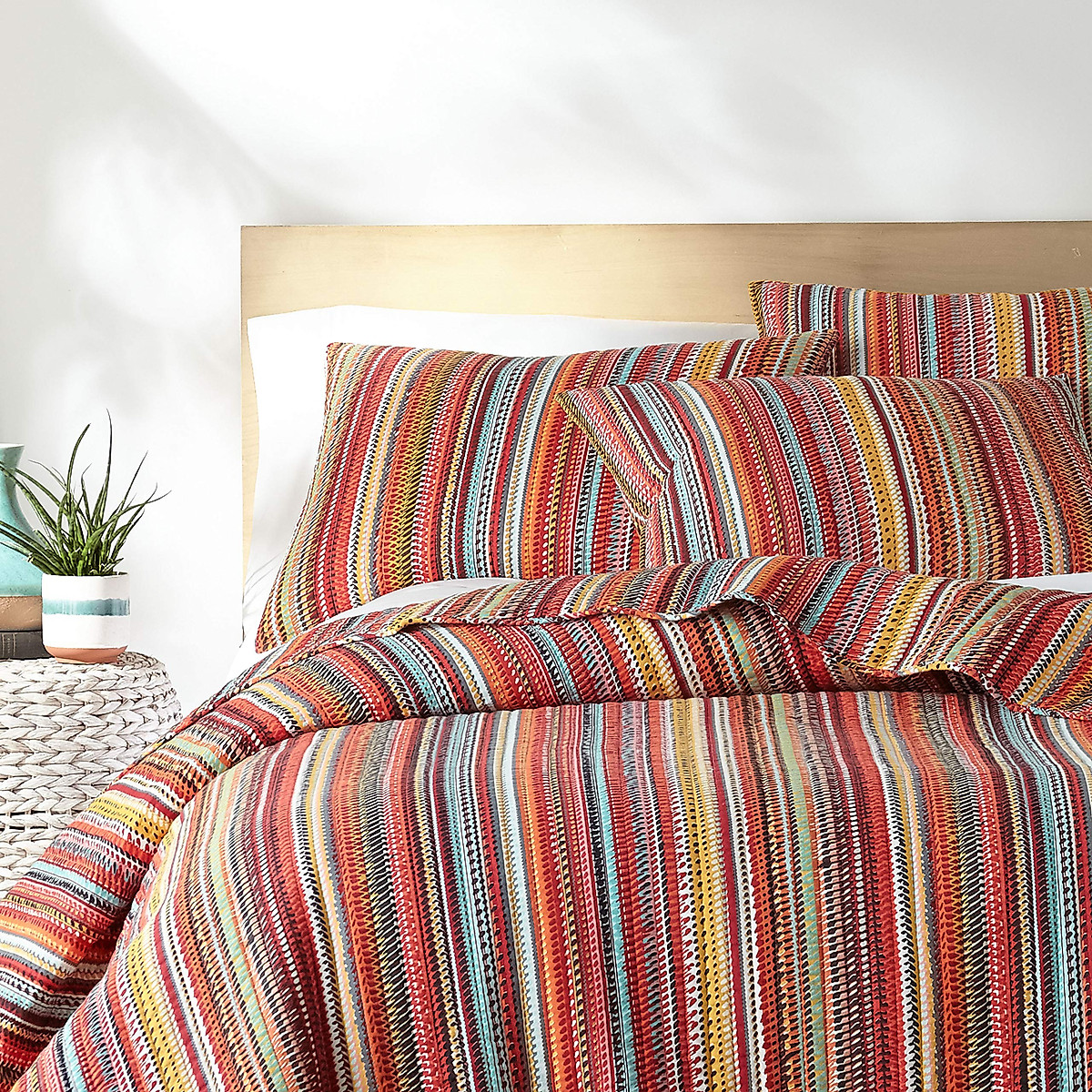 Levtex Home - Uluru Quilt Set - King Quilt + Two King Pillow Shams - Boho Stripe - Orange Teal Red Green Yellow Black White - Quilt (106x92in.) and Pillow Shams (36x20in.) - Cotton