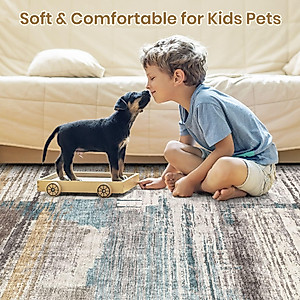 8x10 Rugs for Living Room: Large Modern Washable Super Soft Abstract Area Rug Neutral Contemporary Low Pile Carpet for Bedroom Dining Room Nursery Home Office Decor - Blue/Grey/Gold