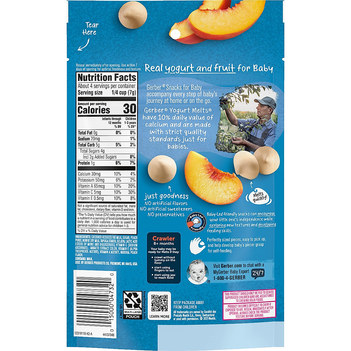 Gerber Snacks for Baby Yogurt Melts, Peach, Freeze-Dried Yogurt Snack Made with Real Yogurt & Fruit, Baby Snack for Crawlers, 1 Ounce Pouch (Pack of 2)