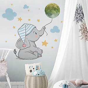 Lovely Elephant with Night Cap Wall Stickers, Luminous Moon Wall Decals, Cloud Star Cartoon Wall Decors, Removable DIY Art Wall Mural for Kids Bedroom, Nursery, Home Decoration