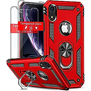 SunStory Compatible for iPhone XR Case with Tempered Glass Screen Protector,iPhone XR Phone Case with Magnetic Ring Kickstand for iPhone XR 2018 (Red, iPhone XR)