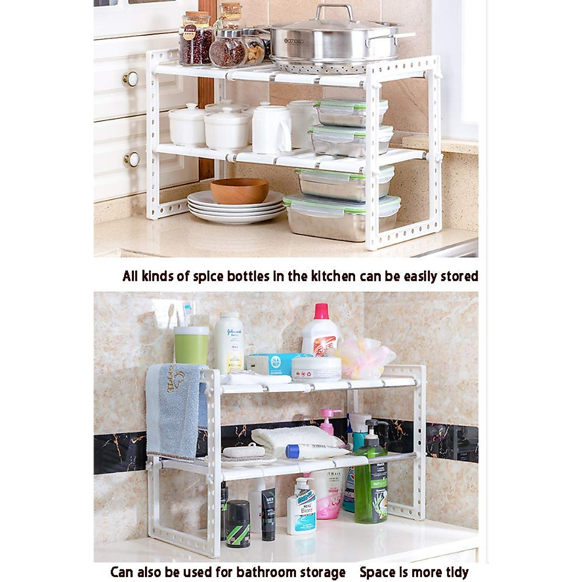 LEAYAN Under Sink Storage Under Sink Organizer Kitchen,Expandable Home Organizer Rack,Multifunctional Under Sink Organizer Home Storage Rack,for Bathroom Under Sink Rack Shelf, White 60 * 26 * 38cm