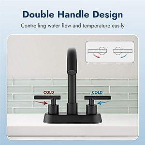 Cinwiny Matte Black Bathroom 4 Inch Centerset Sink Faucet SUS304 Double Handles Swivel Spout Deck Mount Mixer Tap with Pop-up Drain Lavatory Bathroom Vanity Faucets