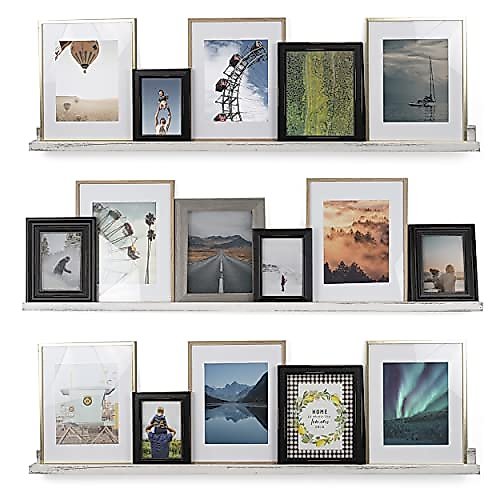 Rustic State Ted Wall Mount Narrow Picture Ledge Shelf Photo Frame Display - 52 Inch Floating Wooden Shelf for Living Room Office Kitchen Bedroom Bathroom Décor - Set of 3 - Burnt White