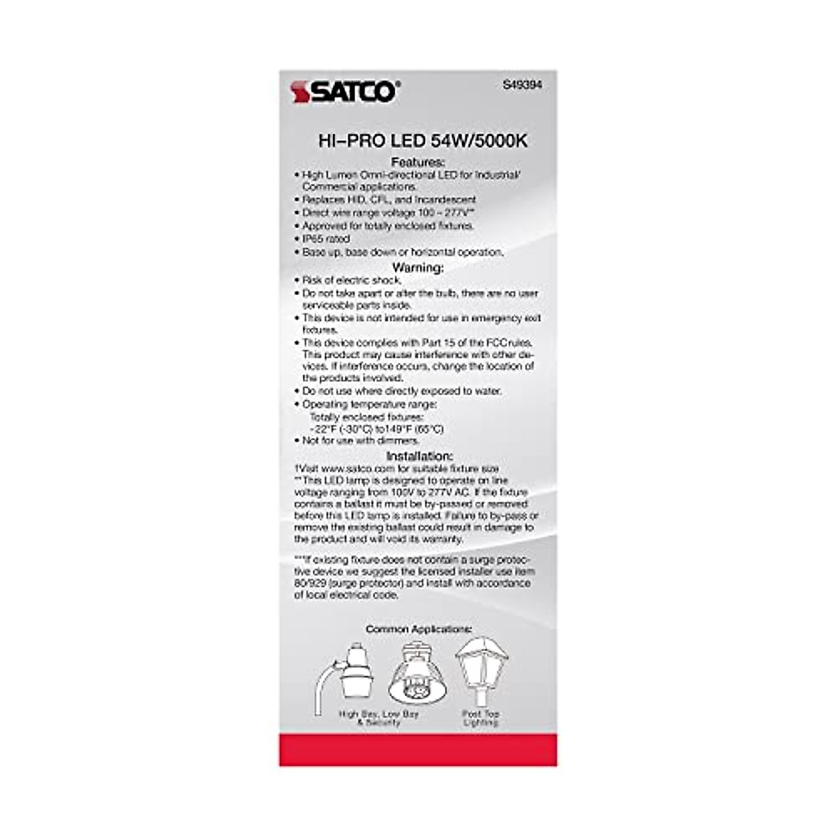 Satco S49394 Hi-Pro High Lumen LED Corncob Light Bulb, HID Replacement, 54 Watts, White