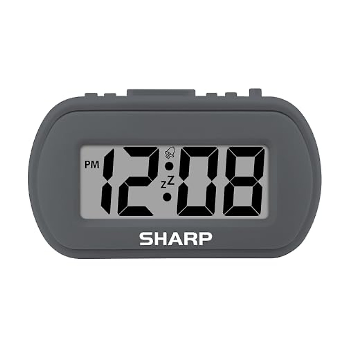 SHARP Digital Alarm Clock – Tactile Plastic Case with Soft Rubberized Finish - Battery Operated – Blue Backlight on Demand – Ascending Alarm – Easy to Use – Charcoal Black