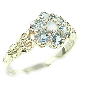 925 Sterling Silver Real Genuine Opal and Aquamarine Womens Anniversary Ring - Size 8