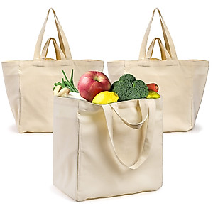 Tosnail 3 Pack Thick Canvas Grocery Tote Bags with Bottle Sleeves, Large Reusable Shopping Bags with Long Shoulder Strap and Short Handles, Heavy Duty Cloth Bags