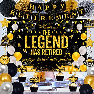 Retirement Party Decorations Men Women, Black Gold Happy Retirement Decorations, Happy Retirement Banner, Retired Backdrop, Balloons, Pompoms, Hanging Swirls, Retirement Card, Cake Topper Set 54pcs