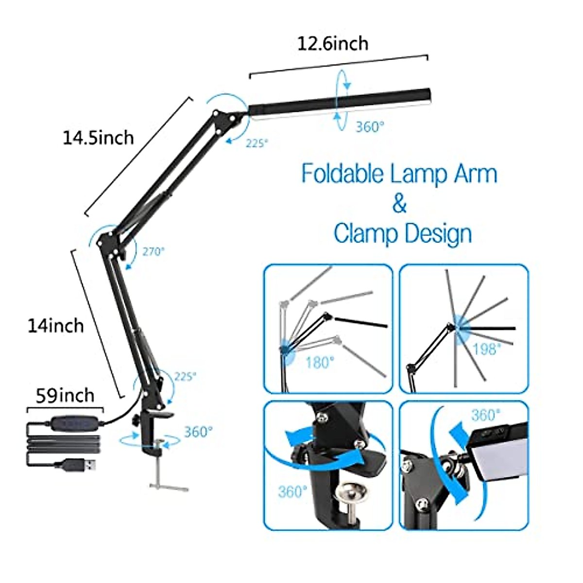 TROPICALTREE LED Desk Lamp, Swing arm Desk Light with clamp, 3 Lighting 10 Brightness Eye-Caring Modes, Reading Desk Lamps for Home Office 360 Degree Spin with USB Adapter & Memory Function black-14W