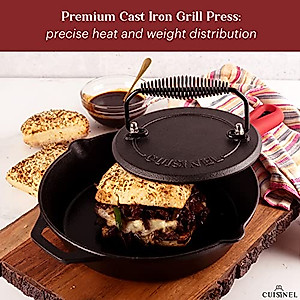 Grill Press - Cast Iron Burger Press for Bacon, Steak and Smashed Hamburgers - 7.5"-inch Diameter Round Pre-Seasoned Heavy Duty 4-lb. Weight Sandwich and Panini Maker - Griddle, BBQ Grill Accessory