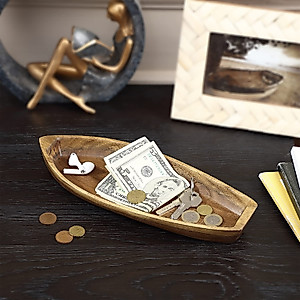 C-JOY WOOD Lucky Boat Wooden Tray, Acacia Decorative Bowl for Serving Candy Cookie Desserts Fruits or Accent Artwork , Functional & Collectible Platter, L 11.7''x W 4.72''x H 1.77'' Inches