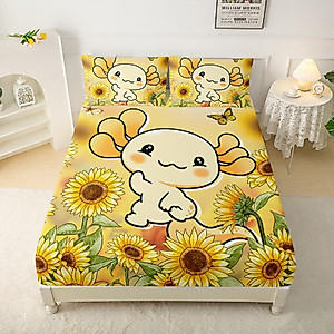 QOOMO Cartoon Axolotl Soft Microfiber Bed Sheets Sunflower Kids Sheets Set Kawaii Animal Super Soft Kids Bedding Set Breathable Room Decoration Queen Size 1 Fitted Sheet, 1 Flat Sheet, 2 Pillow Cases