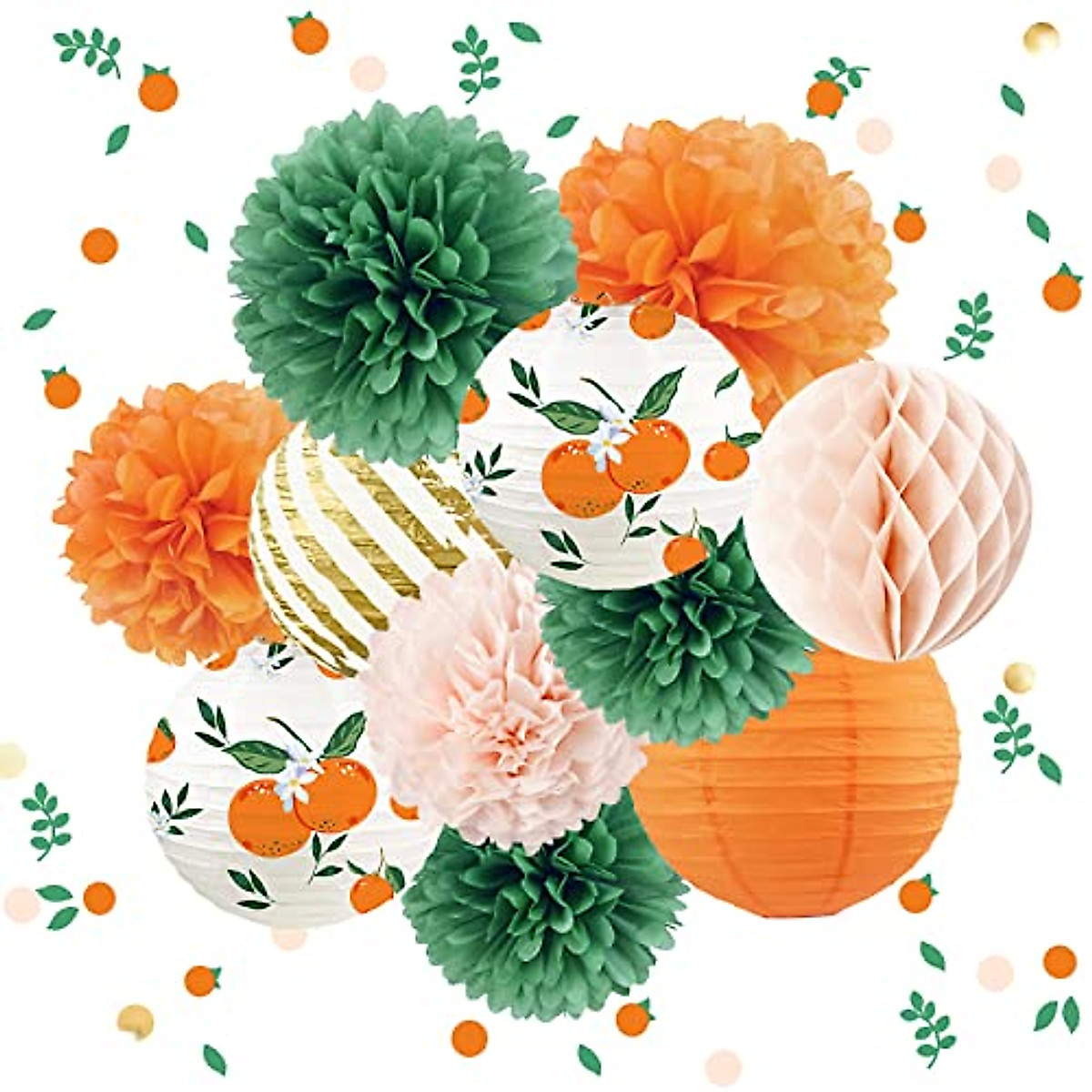 NICROHOME Little Cutie Baby Shower Decorations, 12 PCS Orange Green Tissue Pom Poms Citrus Paper Lanterns Confetti 50G for Summer Party, Birthday, Fruit Party