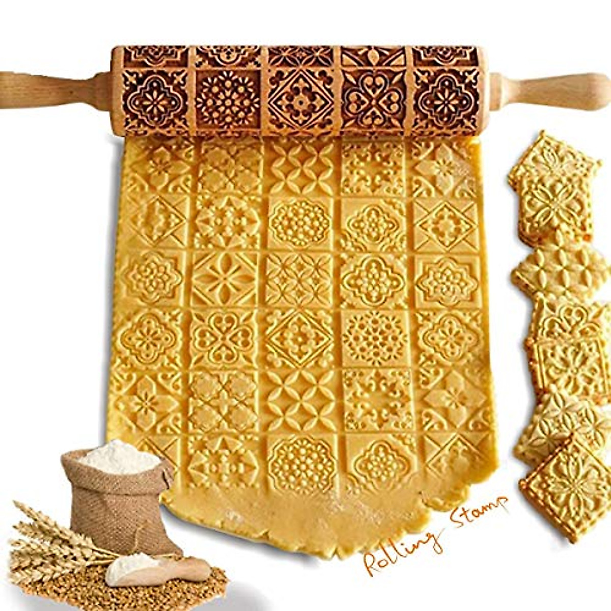 Cookie Stamp Roller Press Biscuit Maker Wooden with Vintage and Traditional Pattern Kitchen Tools Making Funny Food for Kids(Vintage pattern)